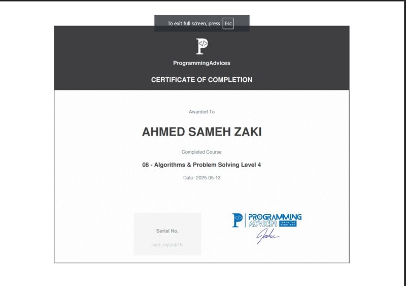 Proud to have completed the Algorithms & Problem Solving Level 4 course ... Proud to have completed the Algorithms & Problem Solving Level 4 course ...