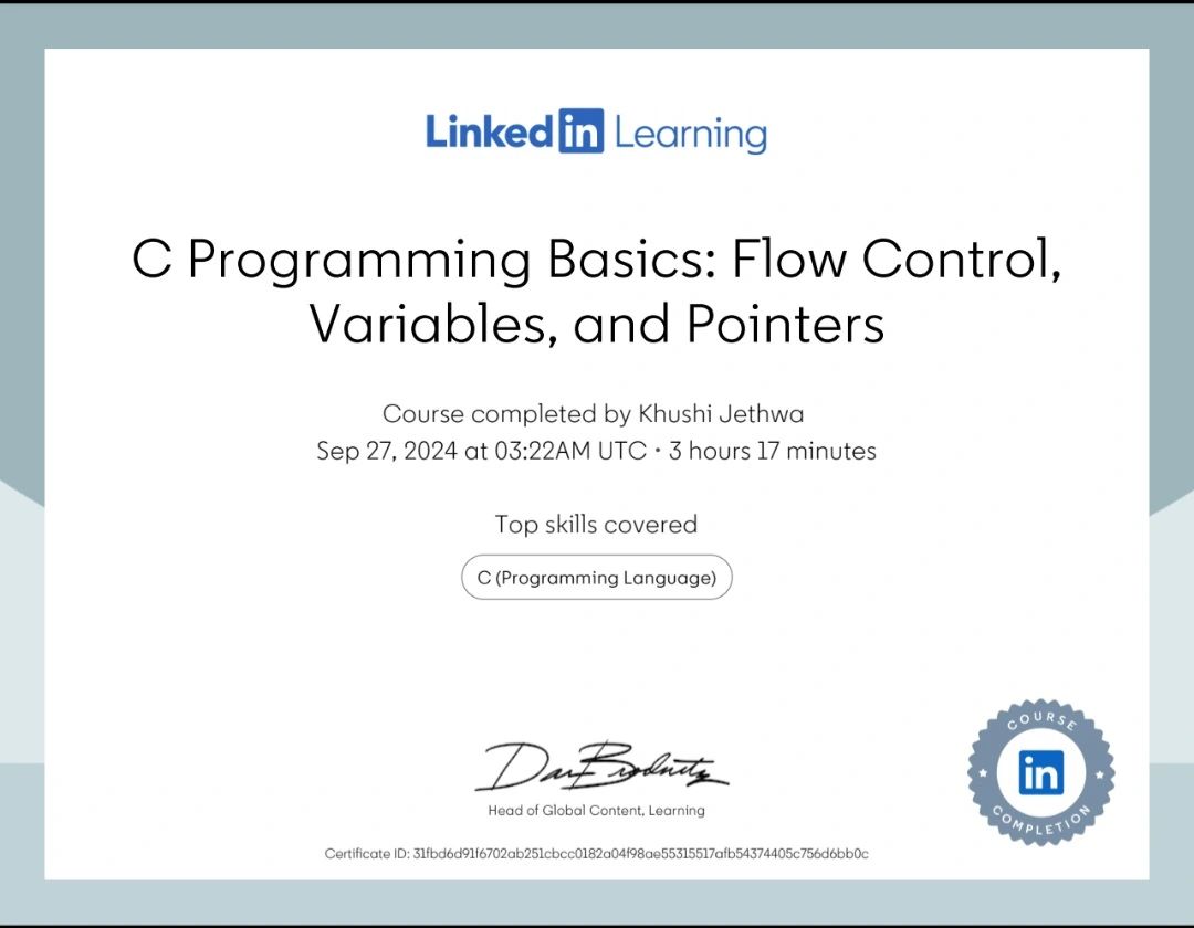 Finished C Programming Certificate | Khushi Jethwa posted on the topic ... Finished C Programming Certificate | Khushi Jethwa posted on the topic ...