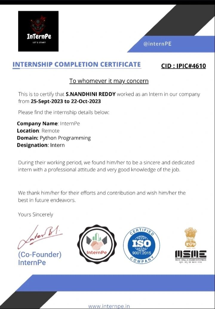 Nandhini Reddy on LinkedIn: #internpe #pythonprogramming Nandhini Reddy on LinkedIn: #internpe #pythonprogramming