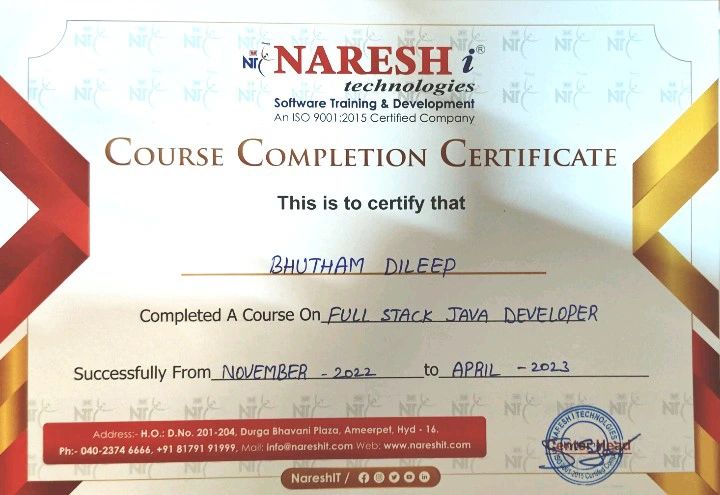 ππRecently Completed FULL STACK JAVA DEVELOPER Course In Naresh IT ππ ... ππRecently Completed FULL STACK JAVA DEVELOPER Course In Naresh IT ππ ...
