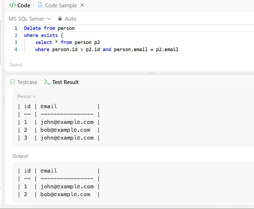 SQL: Delete Duplicate Emails Leetcode Question: https://lnkd.in ... SQL: Delete Duplicate Emails Leetcode Question: https://lnkd.in ...