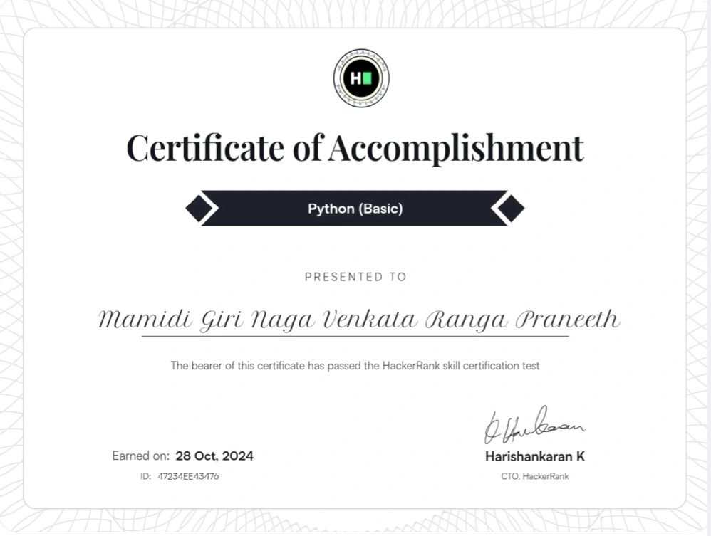 Praneeth Mamidi on LinkedIn: 🚀 Completed the Python (Basic ... Praneeth Mamidi on LinkedIn: 🚀 Completed the Python (Basic ...