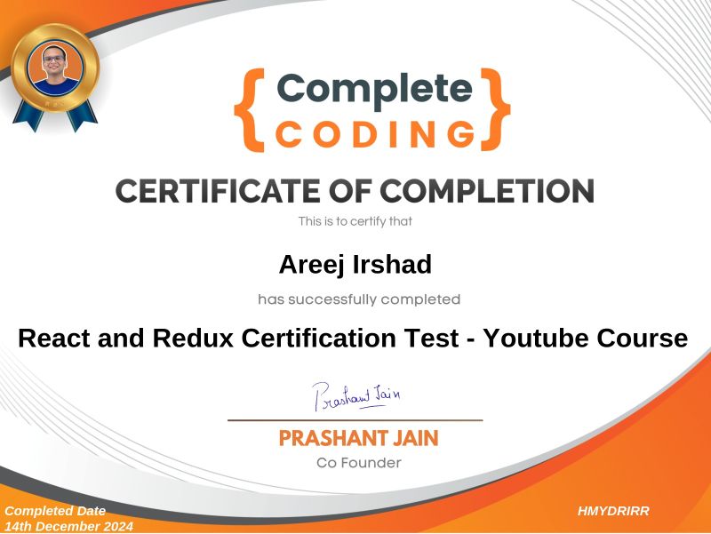 Areej Irshad on LinkedIn: Honoured to complete React and Redux complete ... Areej Irshad on LinkedIn: Honoured to complete React and Redux complete ...