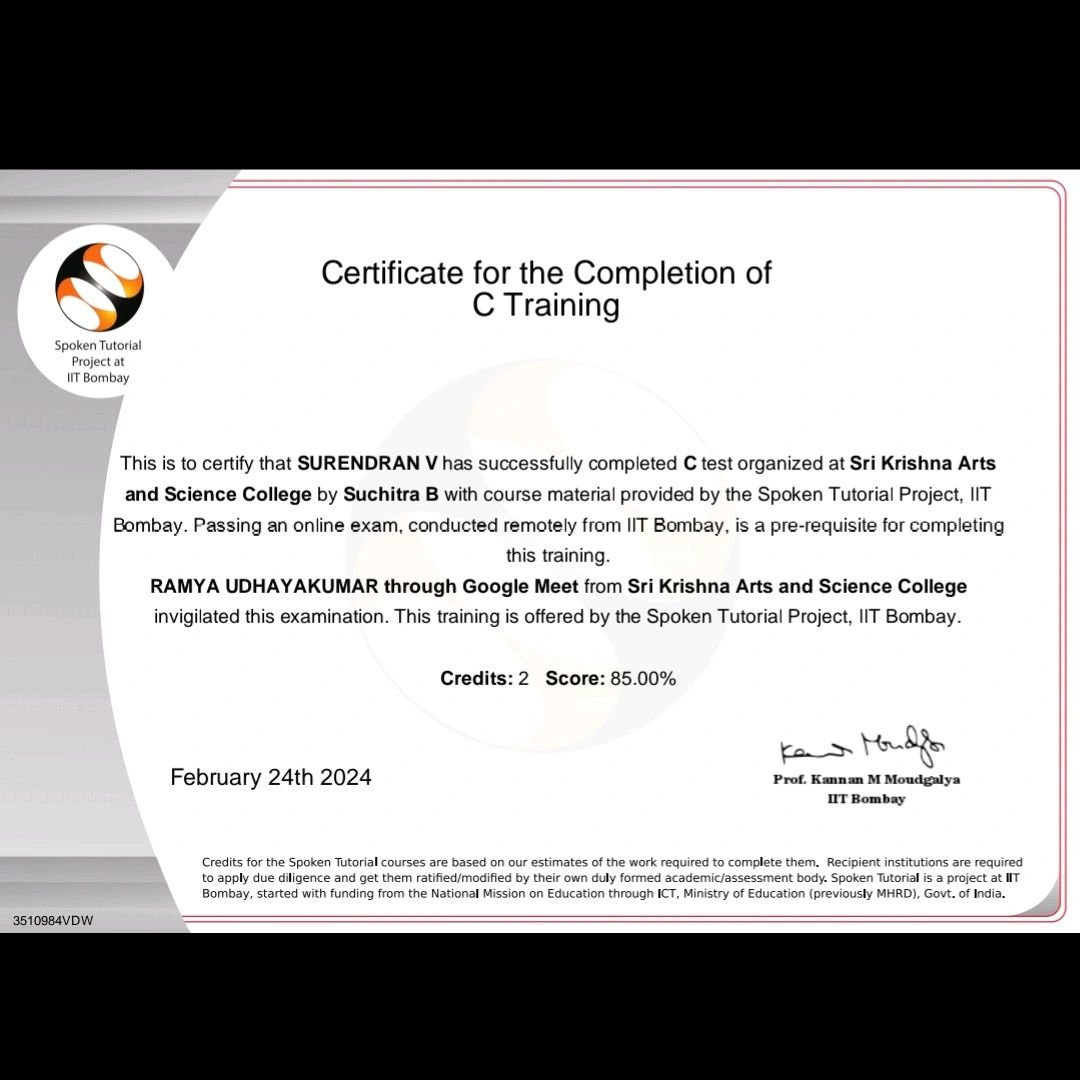 SURENDRAN V on LinkedIn: #cprogramming #certification #learning # ... SURENDRAN V on LinkedIn: #cprogramming #certification #learning # ...
