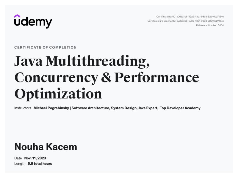 Completed Java Multithreading Course | Nouha KACEM posted on the topic ... Completed Java Multithreading Course | Nouha KACEM posted on the topic ...