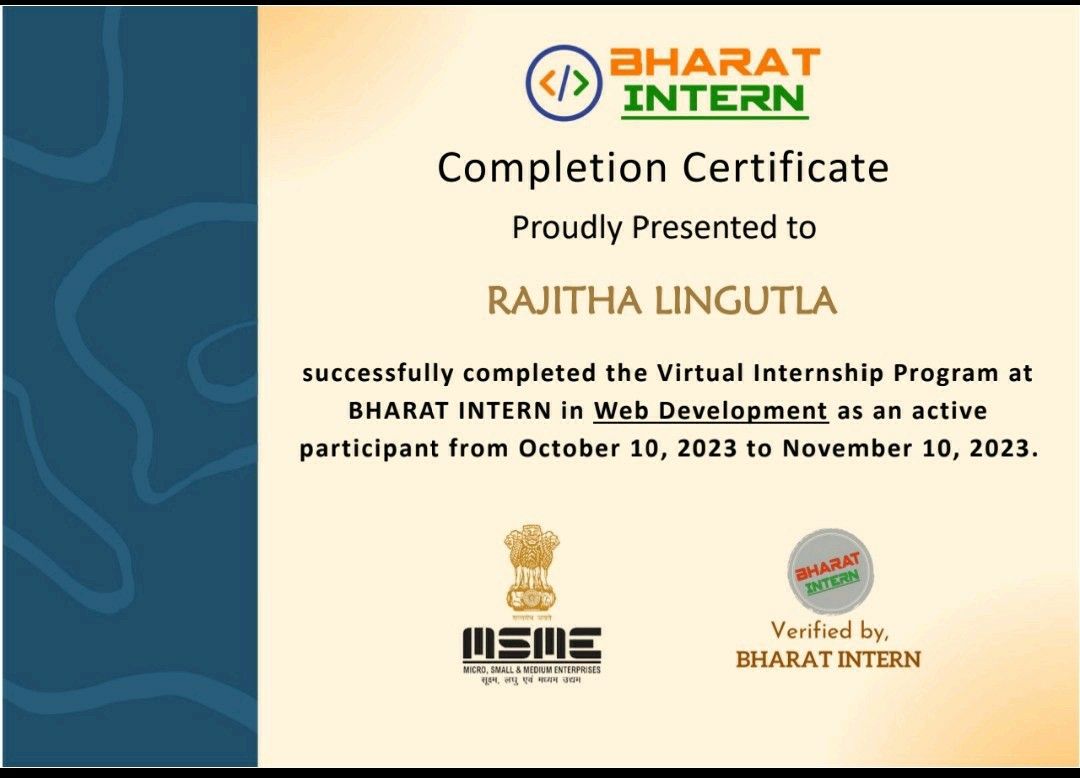 RAJITHA LINGUTLA on LinkedIn: #bharatintern #webdevelopment RAJITHA LINGUTLA on LinkedIn: #bharatintern #webdevelopment