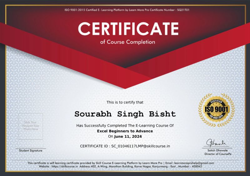 Sourabh Bisht on LinkedIn: Excel Certificate - Skill Course Sourabh Bisht on LinkedIn: Excel Certificate - Skill Course