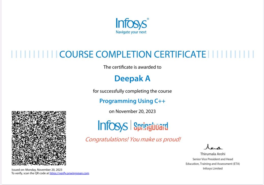 #infosysspringboard #cplusplus #programmingjourney | Deepak A #infosysspringboard #cplusplus #programmingjourney | Deepak A