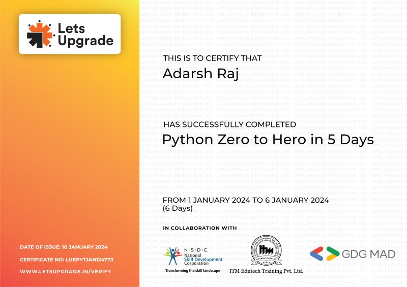 Completed Python Zero to Hero course by LetsUpgrade | Adarsh Raj posted ... Completed Python Zero to Hero course by LetsUpgrade | Adarsh Raj posted ...