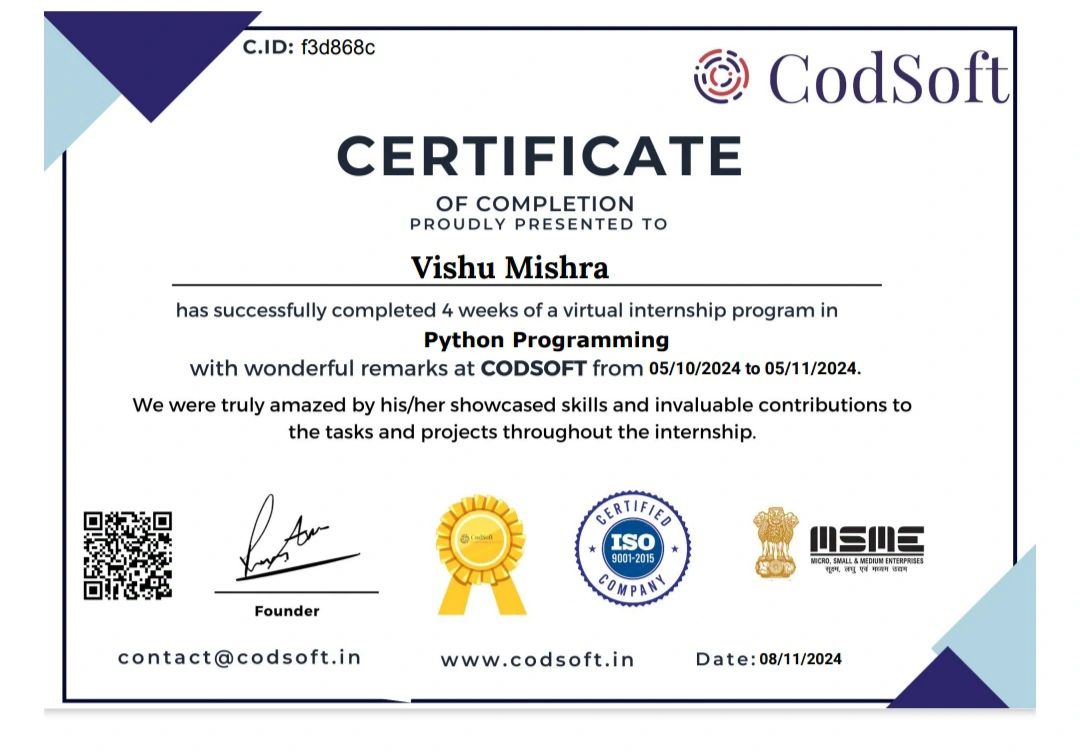 Vishu Mishra on LinkedIn: #codsoft #pythonprogramming #cybersecurity # ... Vishu Mishra on LinkedIn: #codsoft #pythonprogramming #cybersecurity # ...