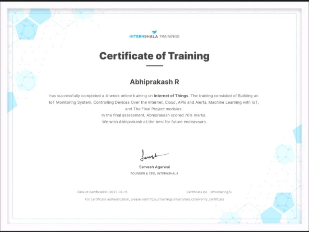 Abhiprakash rajesh on LinkedIn: #internshalatrainings #iot #training Abhiprakash rajesh on LinkedIn: #internshalatrainings #iot #training