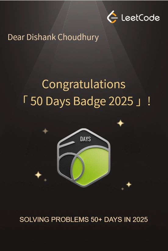 Got my first leetcode badge today. It was an exciting and rewarding 50 ... Got my first leetcode badge today. It was an exciting and rewarding 50 ...