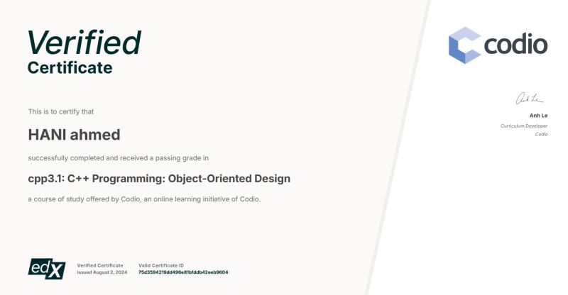 Earned C++ Programming: Object-Oriented Design | Hani Ahmed posted on ... Earned C++ Programming: Object-Oriented Design | Hani Ahmed posted on ...