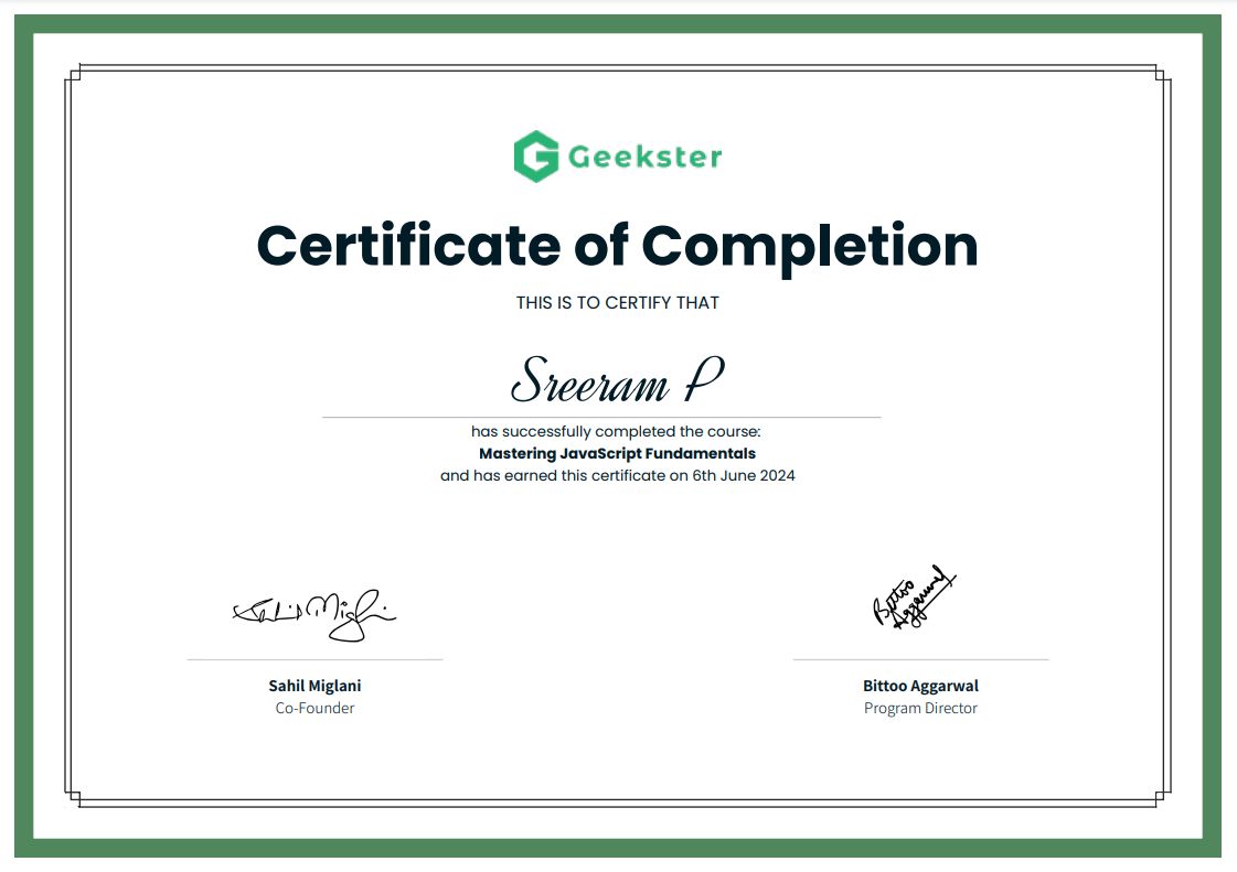 Completed JavaScript course with Geekster | Sreeram P posted on the ... Completed JavaScript course with Geekster | Sreeram P posted on the ...