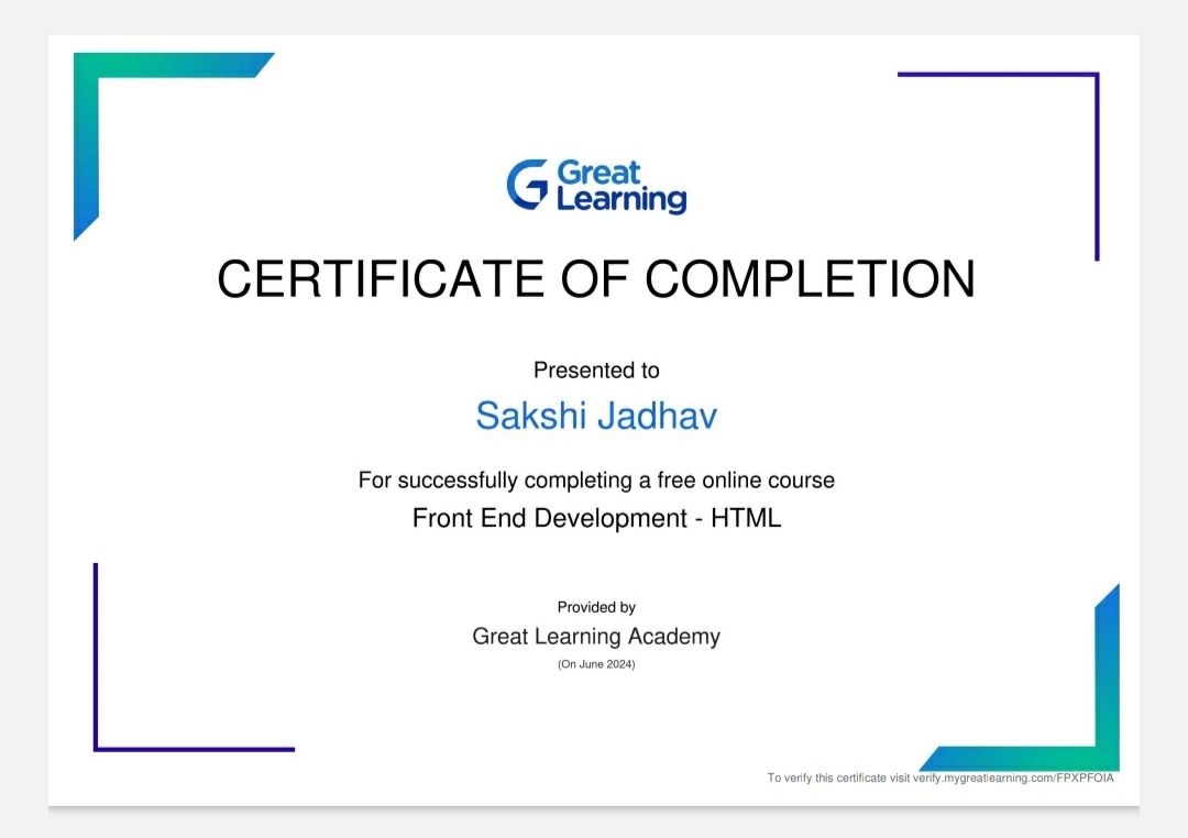 Jadhav Sakshi on LinkedIn: #greatlearning #html #certification Jadhav Sakshi on LinkedIn: #greatlearning #html #certification