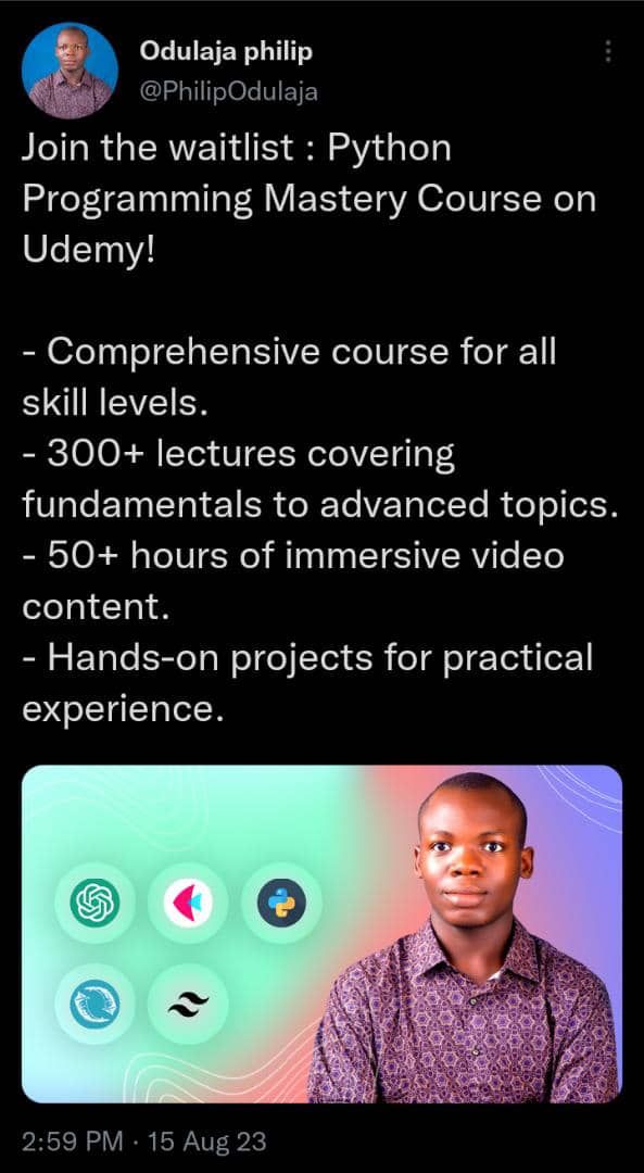 Odulaja Philip Temitayo on LinkedIn: Python Programming mastery course ... Odulaja Philip Temitayo on LinkedIn: Python Programming mastery course ...