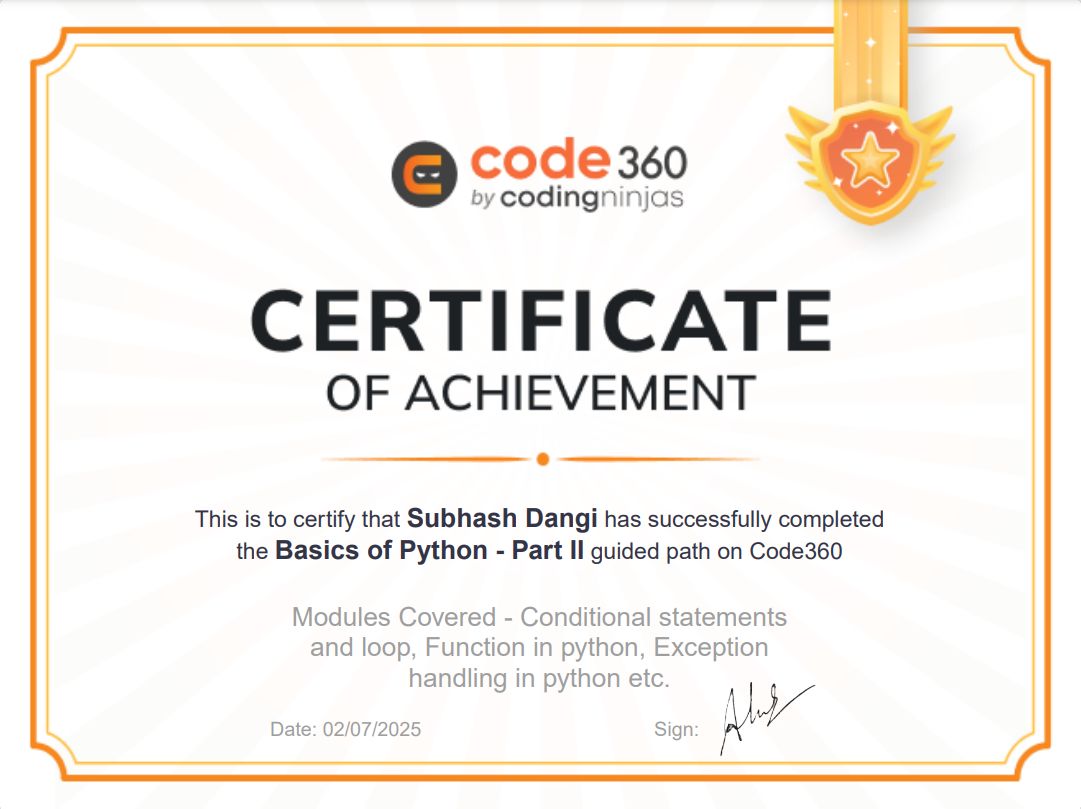 Subhash Dangi on LinkedIn: #python #programming #certification #code360 ... Subhash Dangi on LinkedIn: #python #programming #certification #code360 ...