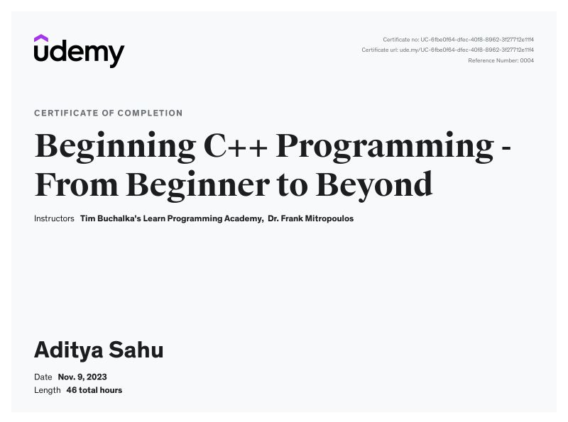 Aditya Sahu on LinkedIn: #cplusplus #programming #certification #udemy ... Aditya Sahu on LinkedIn: #cplusplus #programming #certification #udemy ...