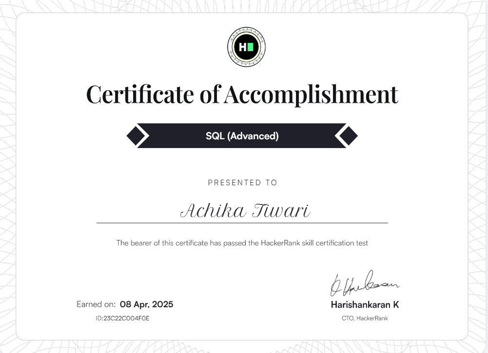 #sql #dataanalytics #certification #hackerrank #careergrowth… | Achika ... #sql #dataanalytics #certification #hackerrank #careergrowth… | Achika ...