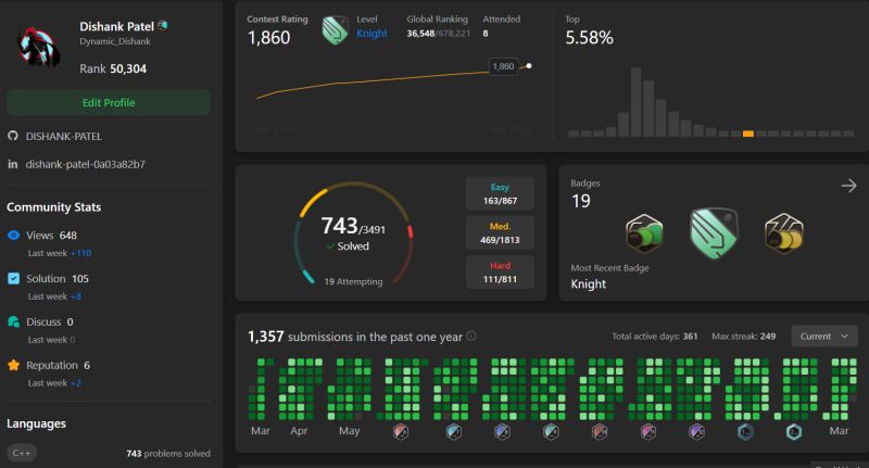 Recently achieved Knight rank on LeetCode! 🎯 The ongoing journey has ... Recently achieved Knight rank on LeetCode! 🎯 The ongoing journey has ...