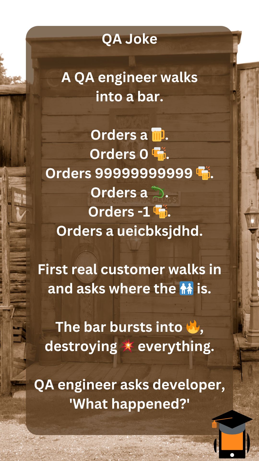 QA Joke A QA engineer walks into a bar. Orders a 🍺. Orders 0 🍻. Orders ... QA Joke A QA engineer walks into a bar. Orders a 🍺. Orders 0 🍻. Orders ...