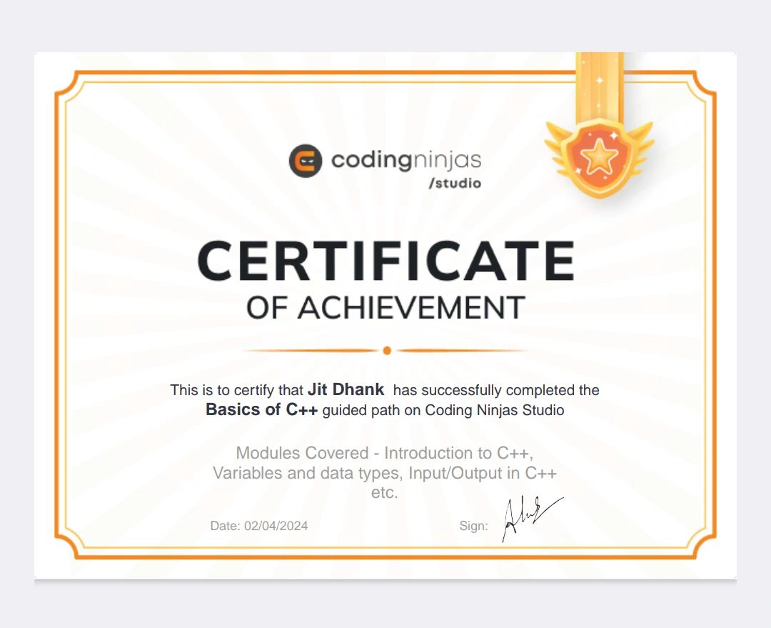 I have completed the basics of c++ guided path on Coding Ninjas . | Jit ... I have completed the basics of c++ guided path on Coding Ninjas . | Jit ...