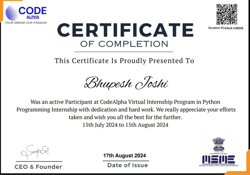 Bhupesh Joshi on LinkedIn: #codealpha #internship #techjourney # ... Bhupesh Joshi on LinkedIn: #codealpha #internship #techjourney # ...