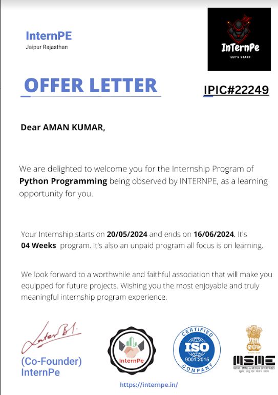 #internpe #pythonprogramming #techinternship | Aman Kumar #internpe #pythonprogramming #techinternship | Aman Kumar