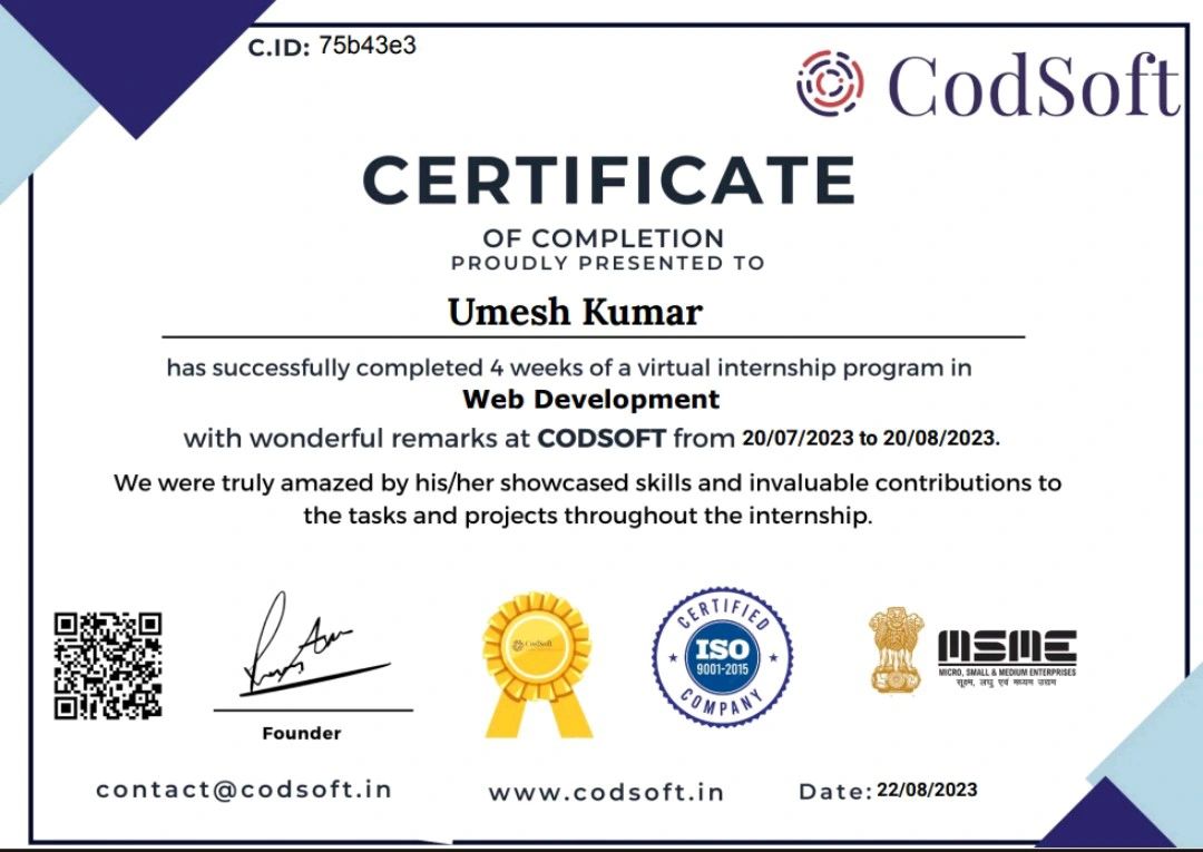 Umesh Kumar on LinkedIn: #codsoft #codsoft #internship # ... Umesh Kumar on LinkedIn: #codsoft #codsoft #internship # ...