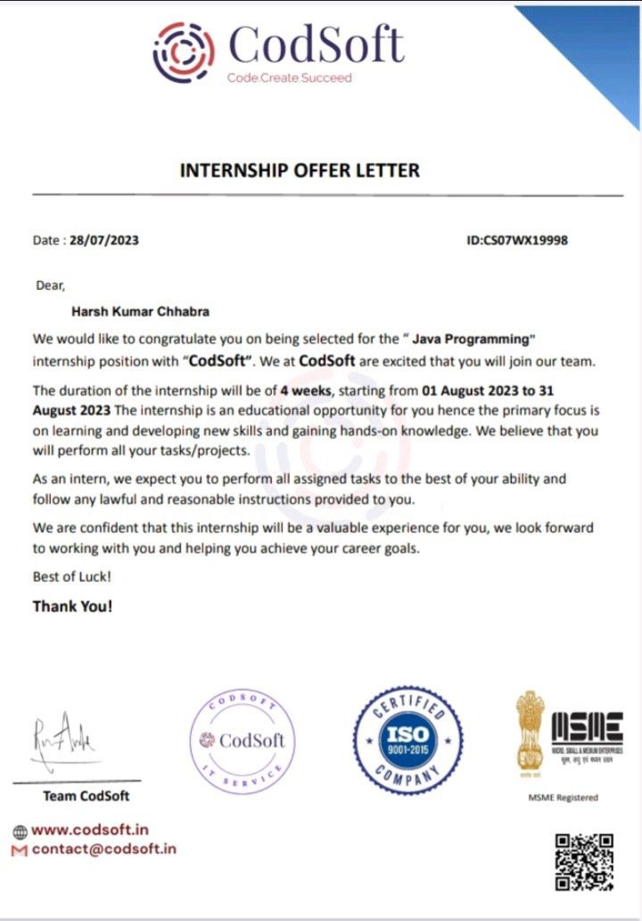Harsh Kumar Chhabra on LinkedIn: codsoft offer letter Harsh Kumar Chhabra on LinkedIn: codsoft offer letter