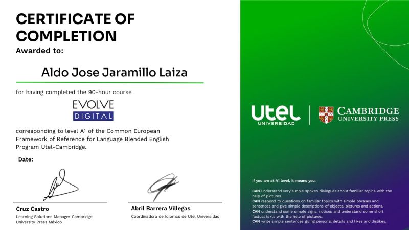 Aldo Jose Jaramillo Laiza on LinkedIn: Certificate of Completion of ... Aldo Jose Jaramillo Laiza on LinkedIn: Certificate of Completion of ...
