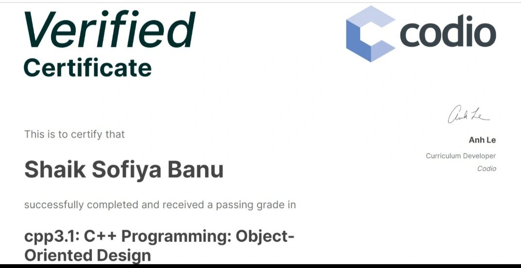 Shaik Sofiya Banu on LinkedIn: Successfully completed C++ Programming ... Shaik Sofiya Banu on LinkedIn: Successfully completed C++ Programming ...