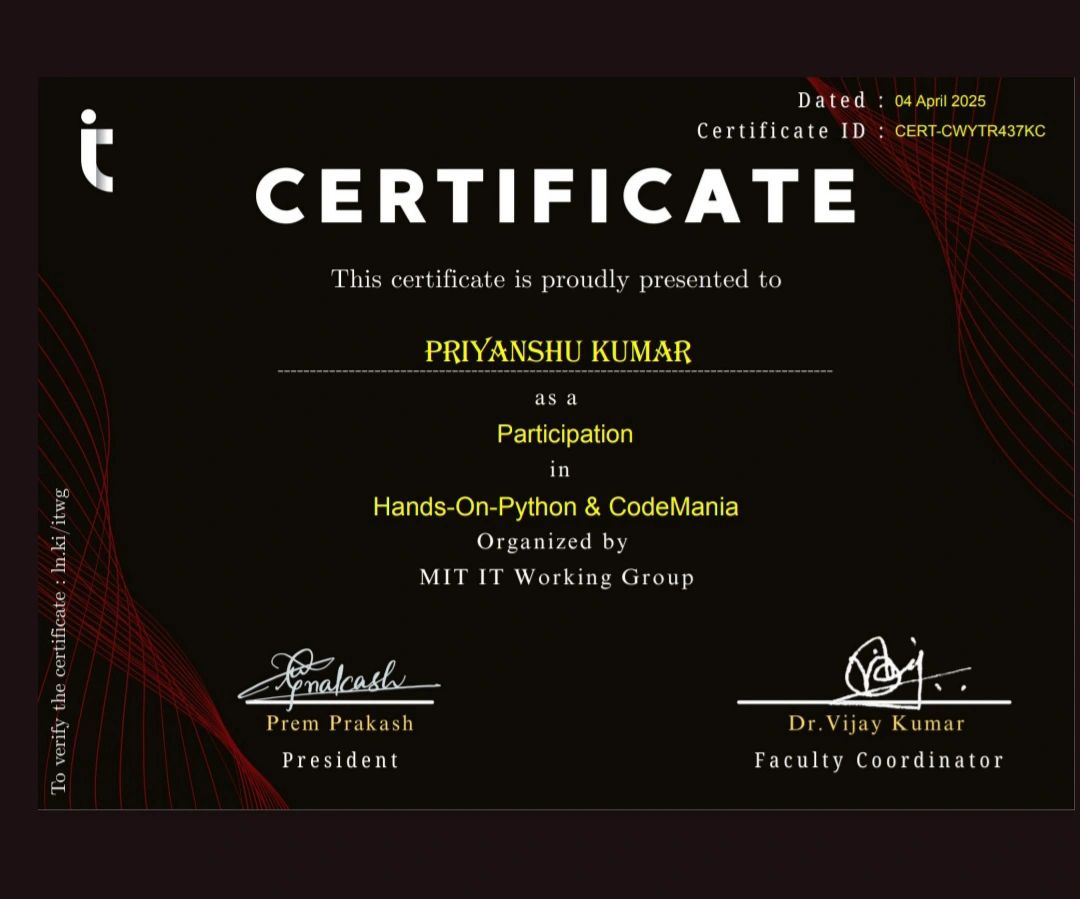 Hands on python & codemania | Priyanshu Kumar Hands on python & codemania | Priyanshu Kumar