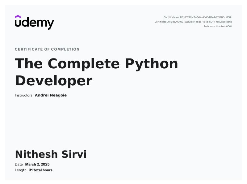 Nithesh Sirvi on LinkedIn: #python #udemy #andrei Nithesh Sirvi on LinkedIn: #python #udemy #andrei