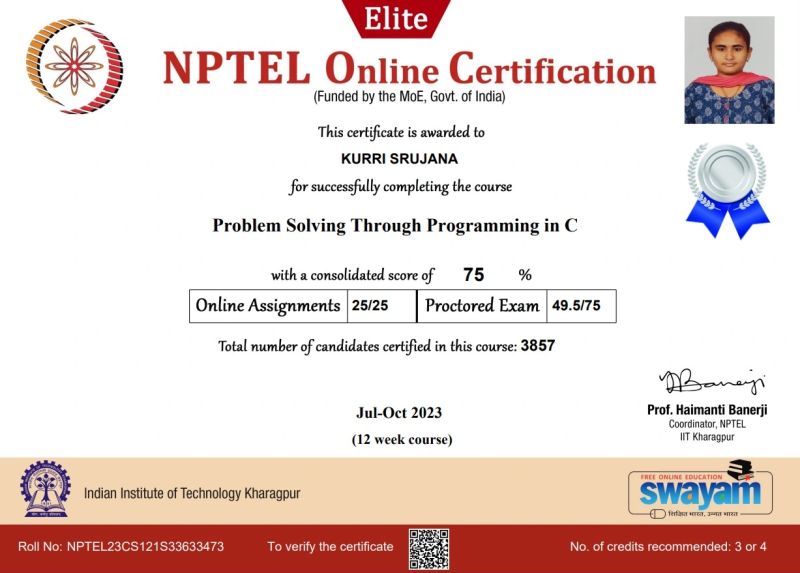 Srujana Kurri on LinkedIn: #cprogramming #nptel #certification Srujana Kurri on LinkedIn: #cprogramming #nptel #certification