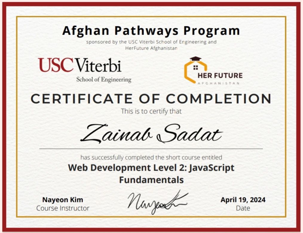 Zainab Sadat on LinkedIn: #javascript #webdevelopment #certified #usc Zainab Sadat on LinkedIn: #javascript #webdevelopment #certified #usc