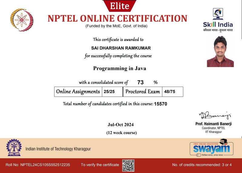 Sai Dharshan Ramkumar on LinkedIn: #nptel #javaprogramming # ... Sai Dharshan Ramkumar on LinkedIn: #nptel #javaprogramming # ...