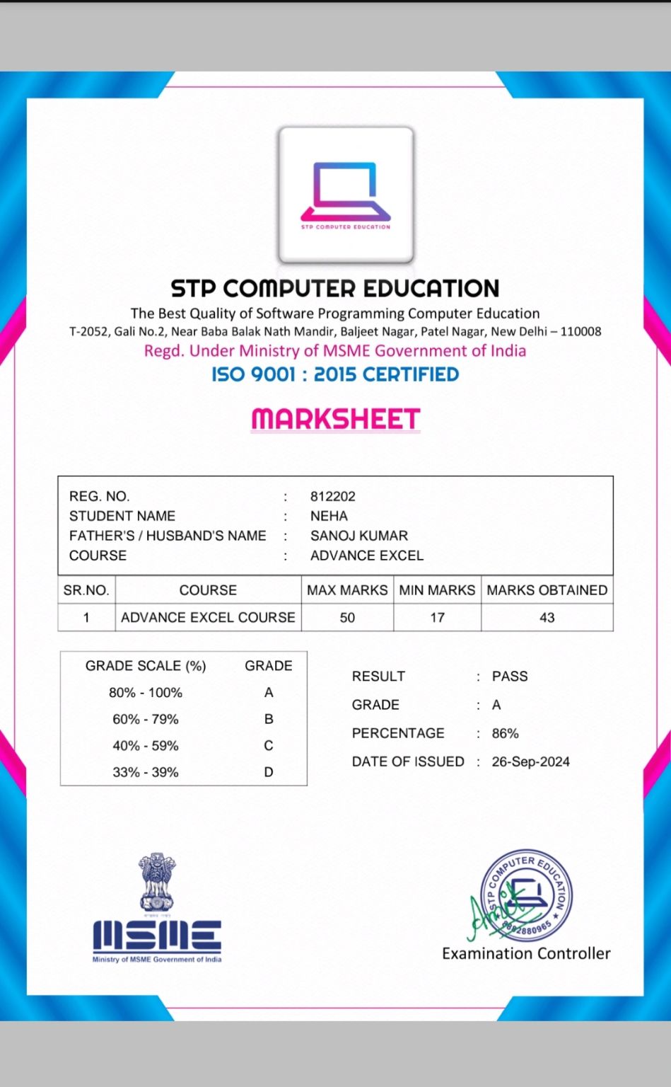 Neha Tiwari on LinkedIn: Marksheet Of Advance Excel STP Computer ... Neha Tiwari on LinkedIn: Marksheet Of Advance Excel STP Computer ...