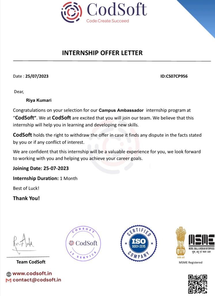 Riya Kumari on LinkedIn: #codsoft #summerinternship2023 #codsoft # ... Riya Kumari on LinkedIn: #codsoft #summerinternship2023 #codsoft # ...