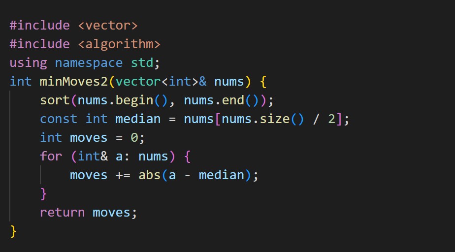 C++ Solution to Leetcode 462. Minimum Moves to Equal Array Elements II ... C++ Solution to Leetcode 462. Minimum Moves to Equal Array Elements II ...