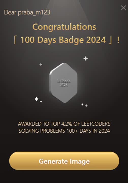 Passed LeetCode 100 Days Badge-2024 | Praba Murugesan posted on the ... Passed LeetCode 100 Days Badge-2024 | Praba Murugesan posted on the ...