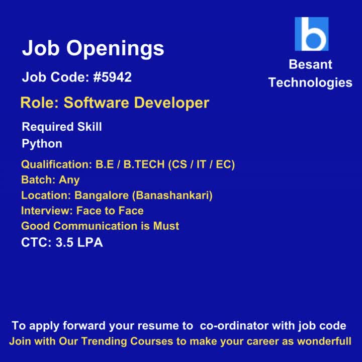 Besant Technologies on LinkedIn: #python #pythondeveloper # ... Besant Technologies on LinkedIn: #python #pythondeveloper # ...
