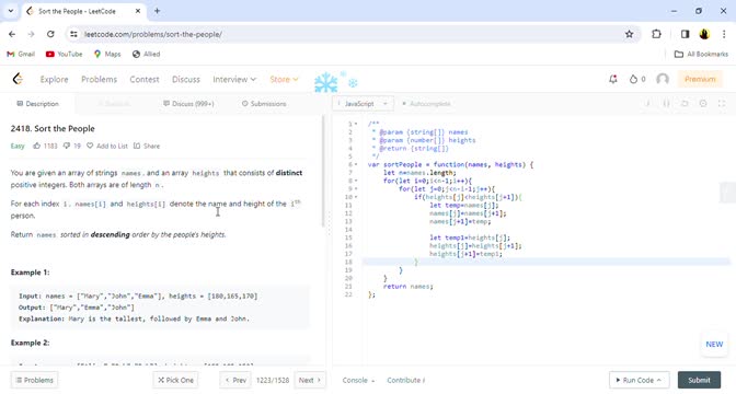 Benazir I on LinkedIn: Leetcode problem 2418. Sort the People(Bubble sort) Benazir I on LinkedIn: Leetcode problem 2418. Sort the People(Bubble sort)