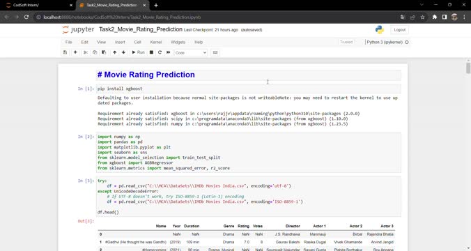Completed Task 2 of Movie Rating Prediction at CodSoft | VAIBHAV RAJ ... Completed Task 2 of Movie Rating Prediction at CodSoft | VAIBHAV RAJ ...