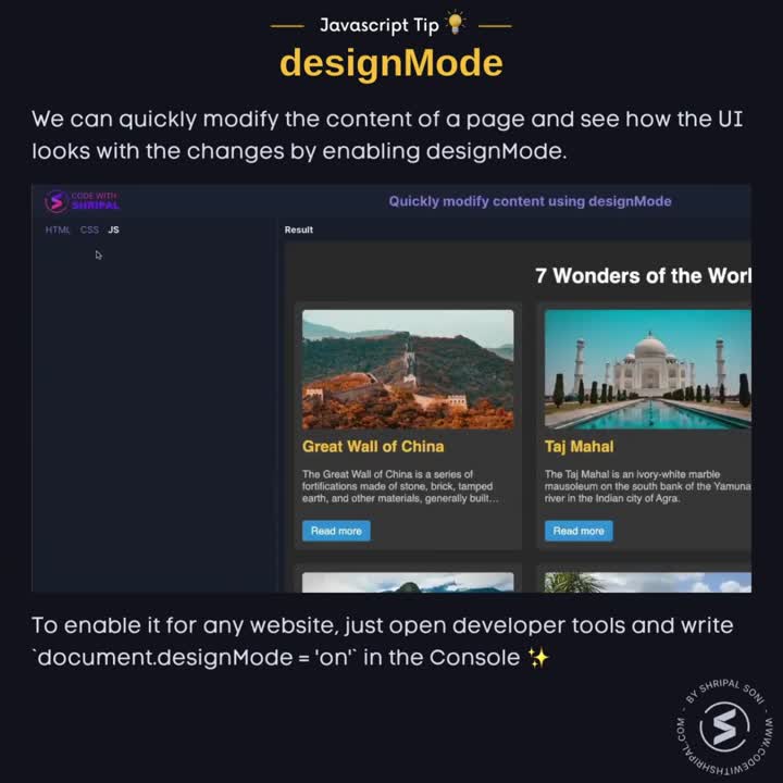 Javascript Tip 💡 You may not know about designMode 🤩👇 👨💻 Check it ... Javascript Tip 💡 You may not know about designMode 🤩👇 👨💻 Check it ...