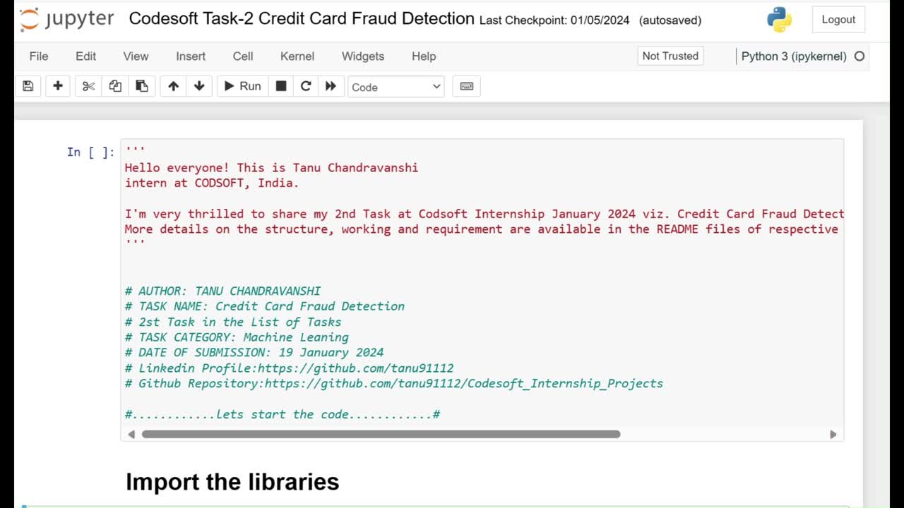 Completed CodeSoft fraud detection task | Tanu Chandravanshi posted on ... Completed CodeSoft fraud detection task | Tanu Chandravanshi posted on ...