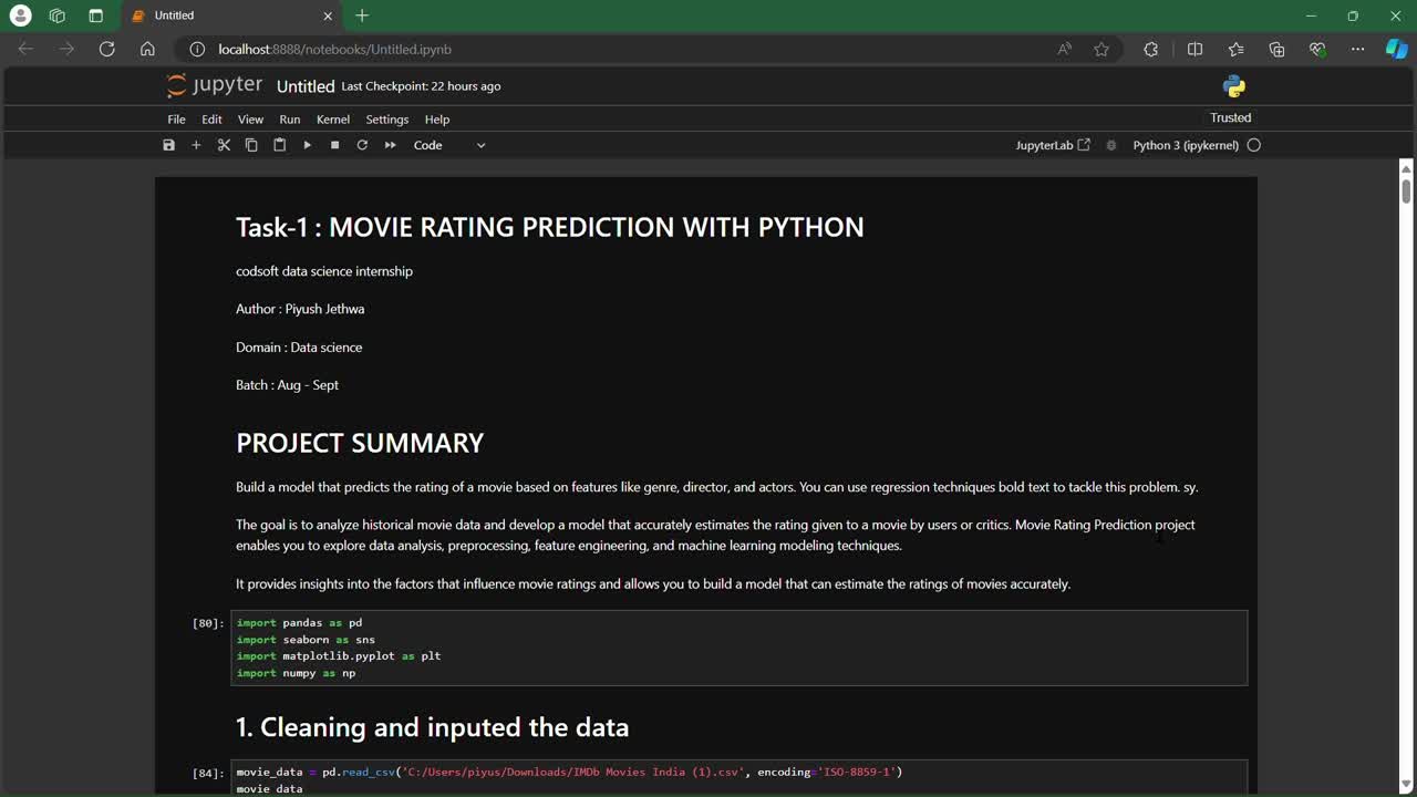 Completed Movie Rating Prediction with CodeSoft | Piyush Jethwa posted ... Completed Movie Rating Prediction with CodeSoft | Piyush Jethwa posted ...