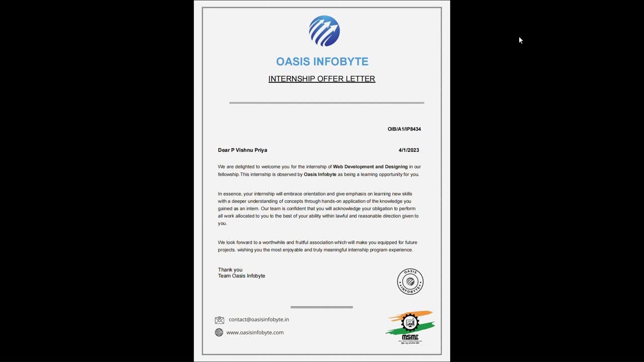 P VISHNU PRIYA on LinkedIn: #folks #oasisinfobyte #internship # ... P VISHNU PRIYA on LinkedIn: #folks #oasisinfobyte #internship # ...
