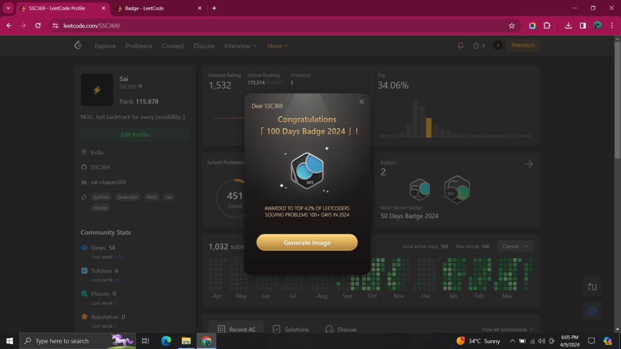Completed 100 days of coding on LeetCode | Sai Charan posted on the ... Completed 100 days of coding on LeetCode | Sai Charan posted on the ...