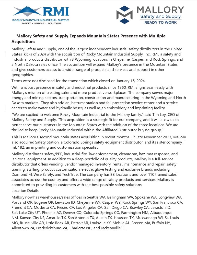 Mallory Safety and Supply announces multiple acquisitions. | Mallory ... Mallory Safety and Supply announces multiple acquisitions. | Mallory ...